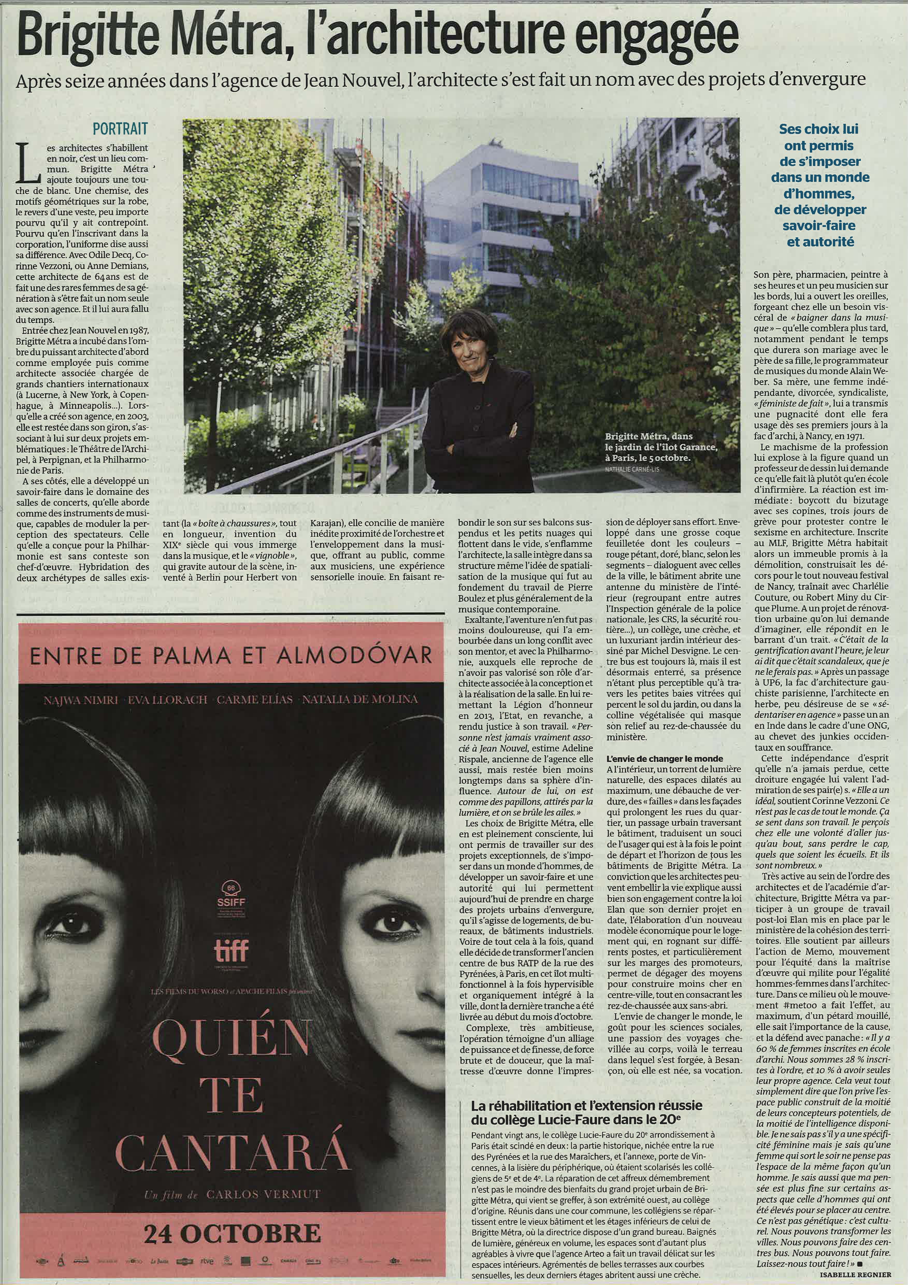 » Le Monde Portrait Brigitte Métra-19 10 2018-entier MÉTRA + ASSOCIÉS